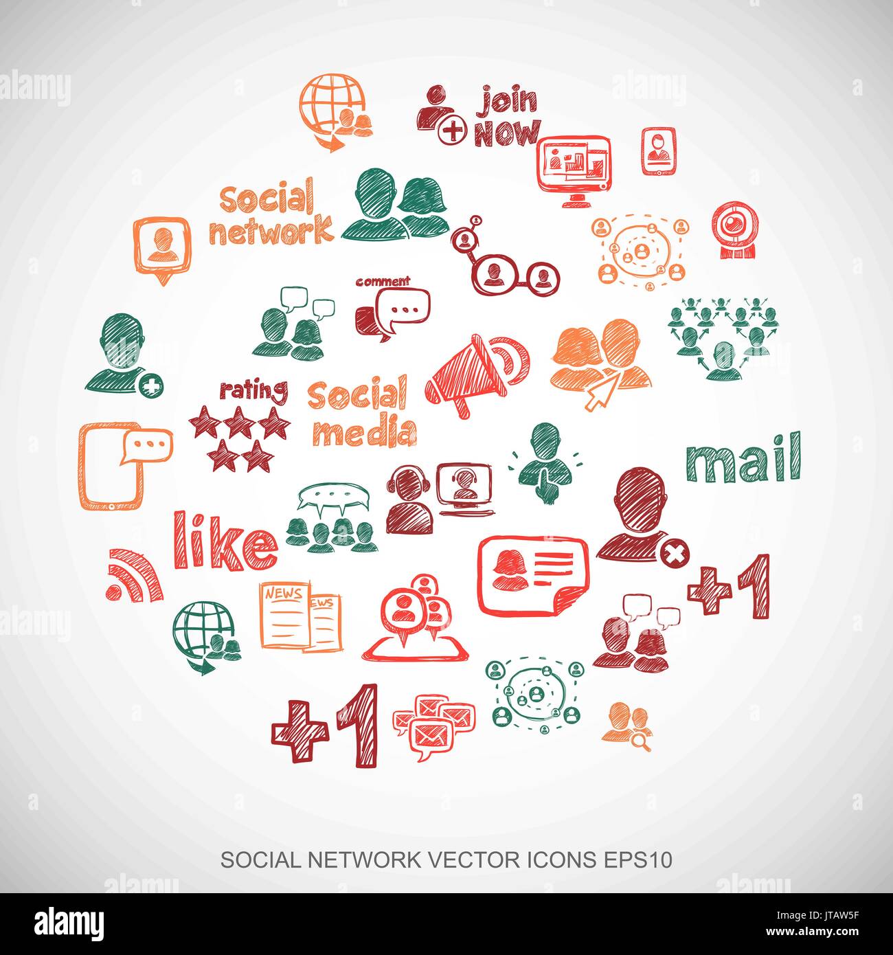 Multicolor doodles Hand Drawn Social Network Icons set on White. EPS10 ...