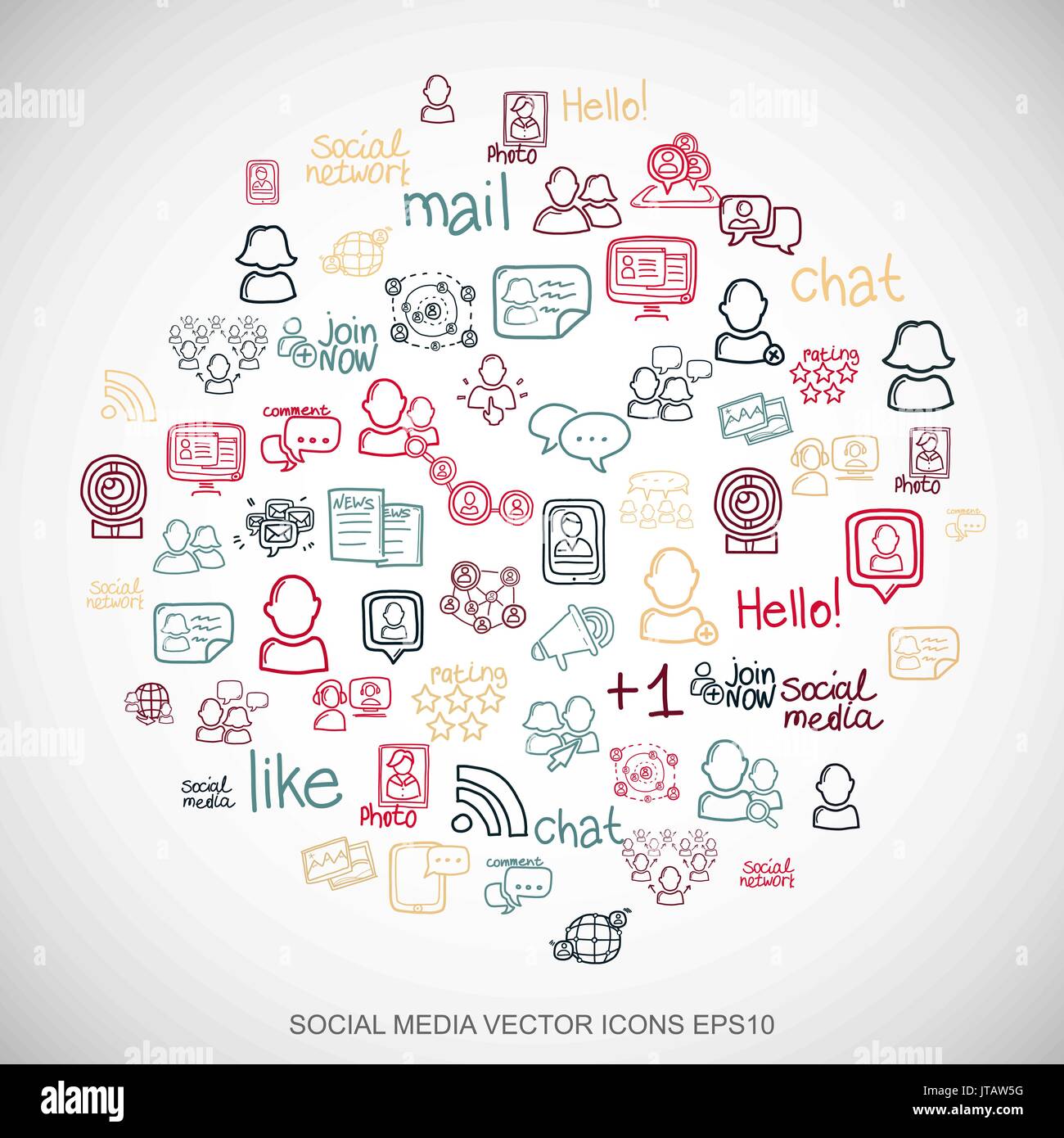 Multicolor doodles Hand Drawn Social Network Icons set on White. EPS10 ...