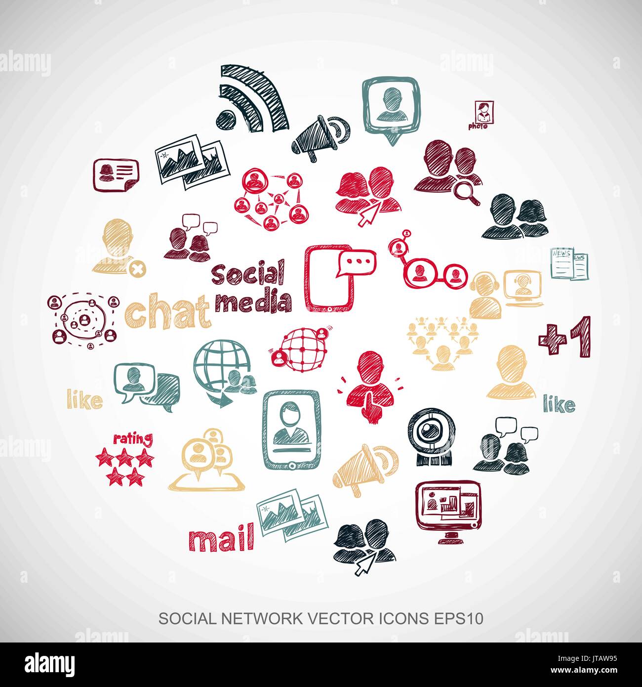 Multicolor doodles Hand Drawn Social Network Icons set on White. EPS10 ...