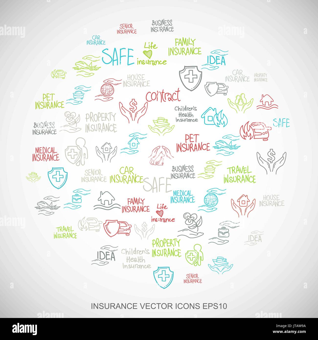 Multicolor doodles Hand Drawn Insurance Icons set on White. EPS10 ...