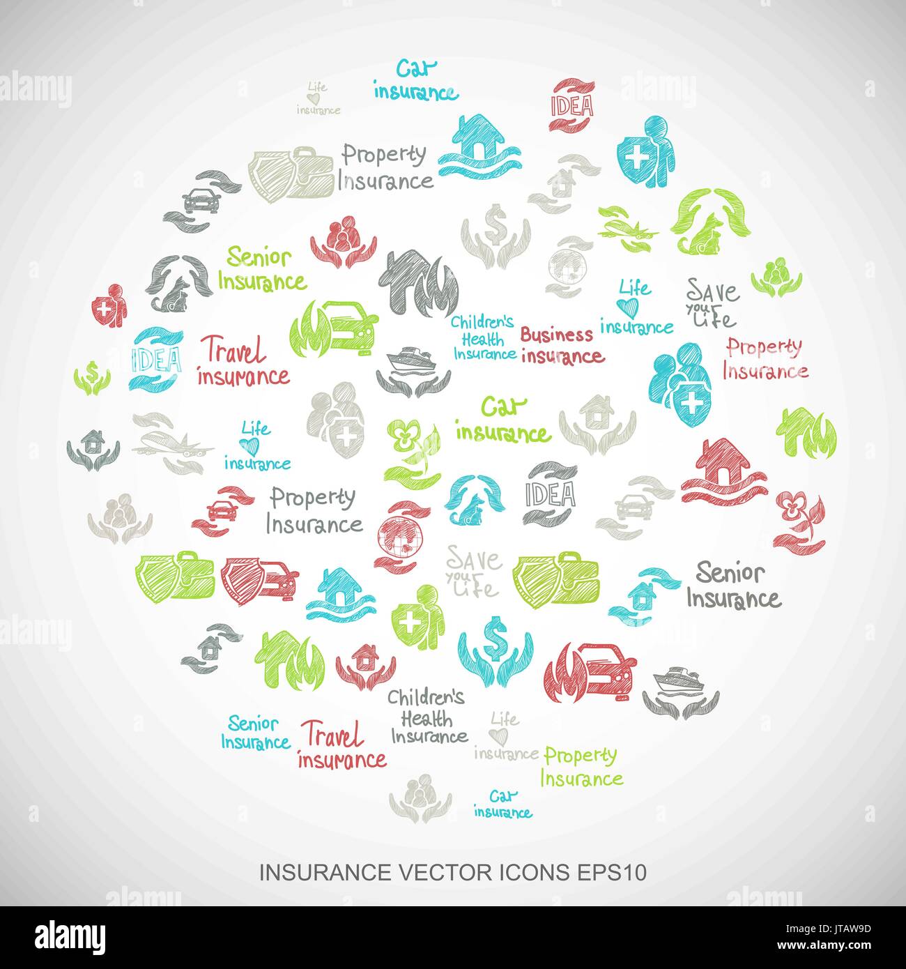 Multicolor doodles Hand Drawn Insurance Icons set on White. EPS10 ...