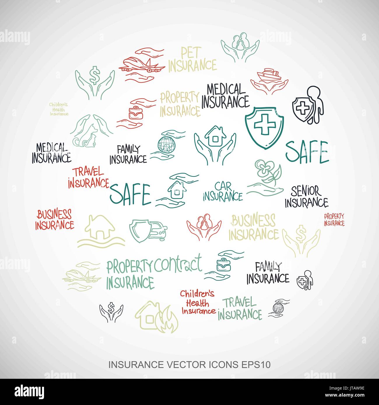 Multicolor doodles Hand Drawn Insurance Icons set on White. EPS10 ...