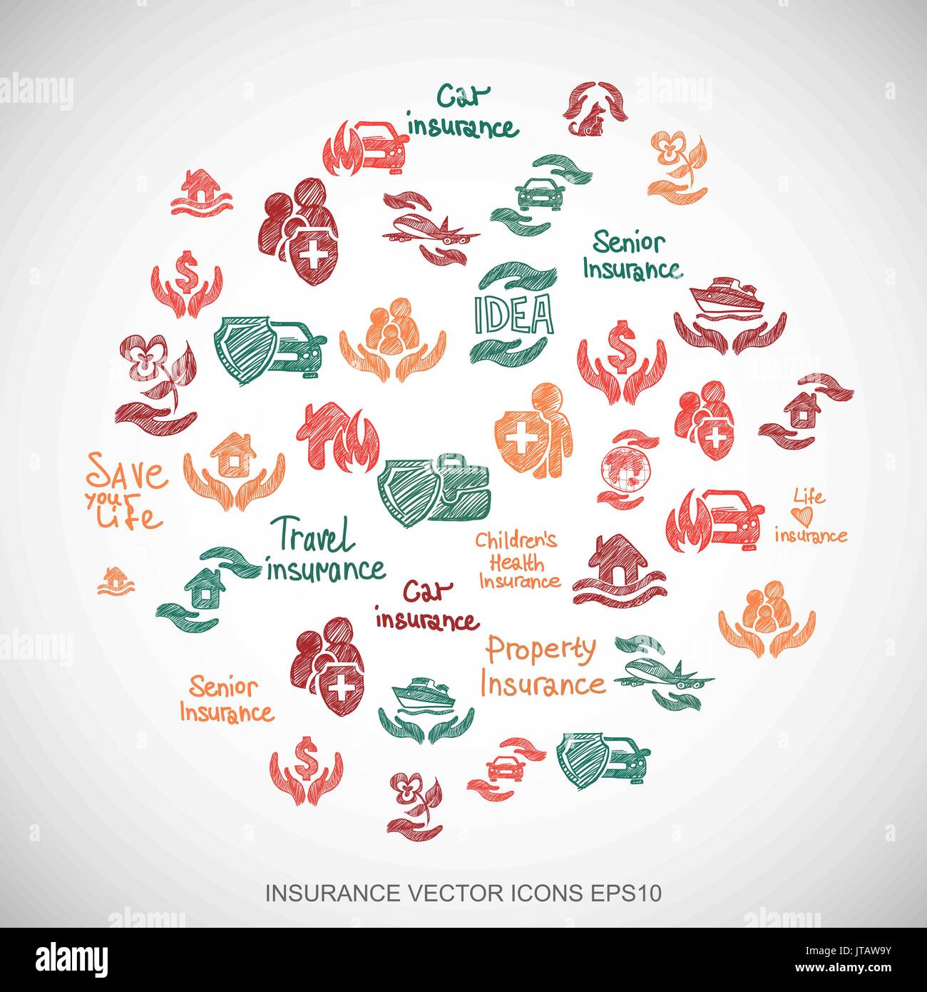Multicolor doodles Hand Drawn Insurance Icons set on White. EPS10 ...