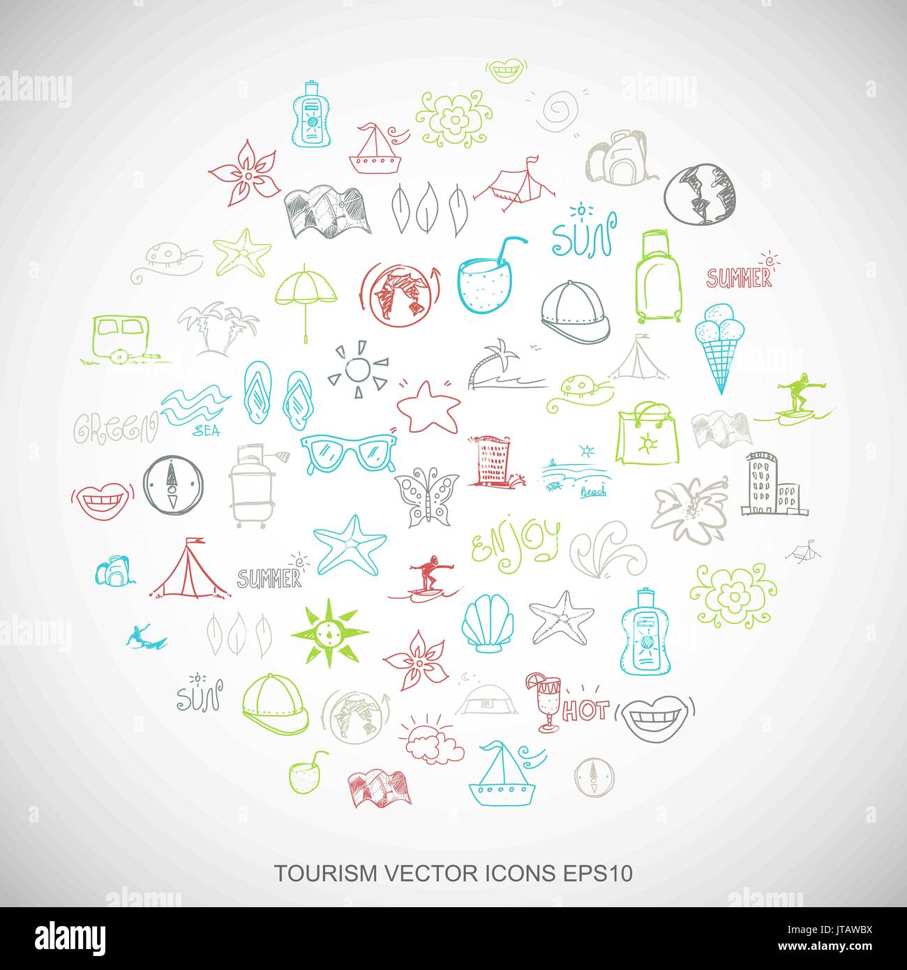Multicolor doodles Hand Drawn Vacation Icons set on White. EPS10 vector ...