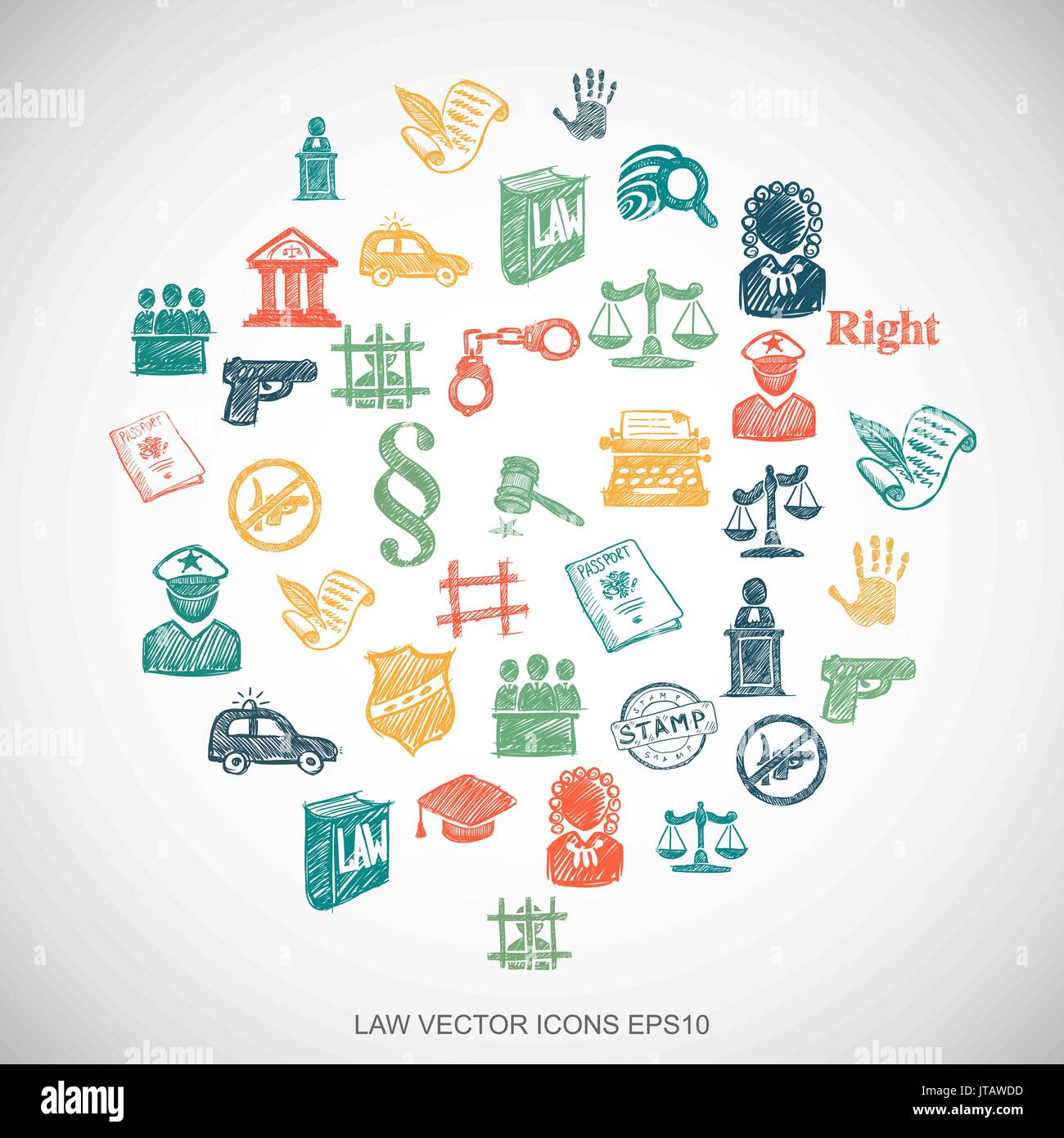Multicolor doodles Hand Drawn Law Icons set on White. EPS10 vector ...