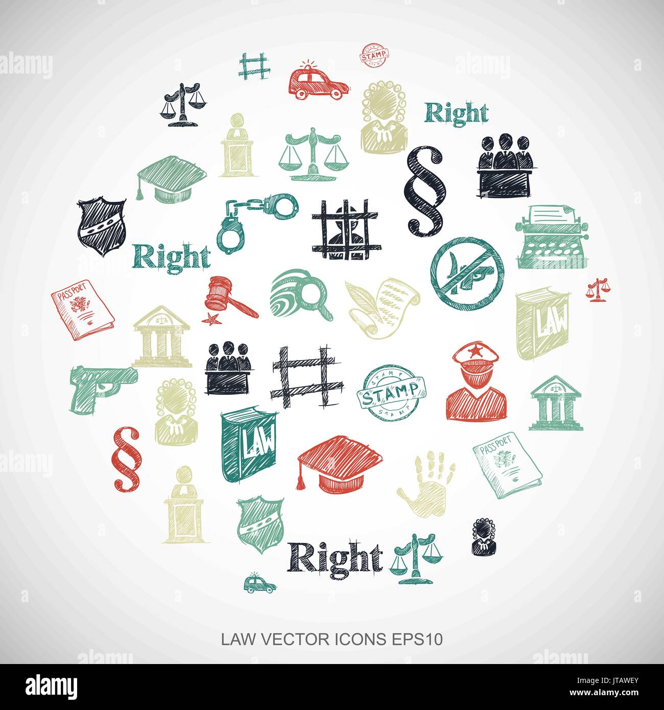 Multicolor doodles Hand Drawn Law Icons set on White. EPS10 vector ...