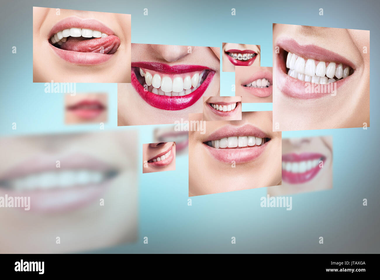 Collage of healthy smiling people. Dental health concept. Over blue ...
