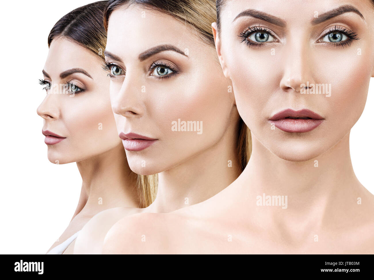 Collage of adult woman with healthy skin. Isolated on white background ...