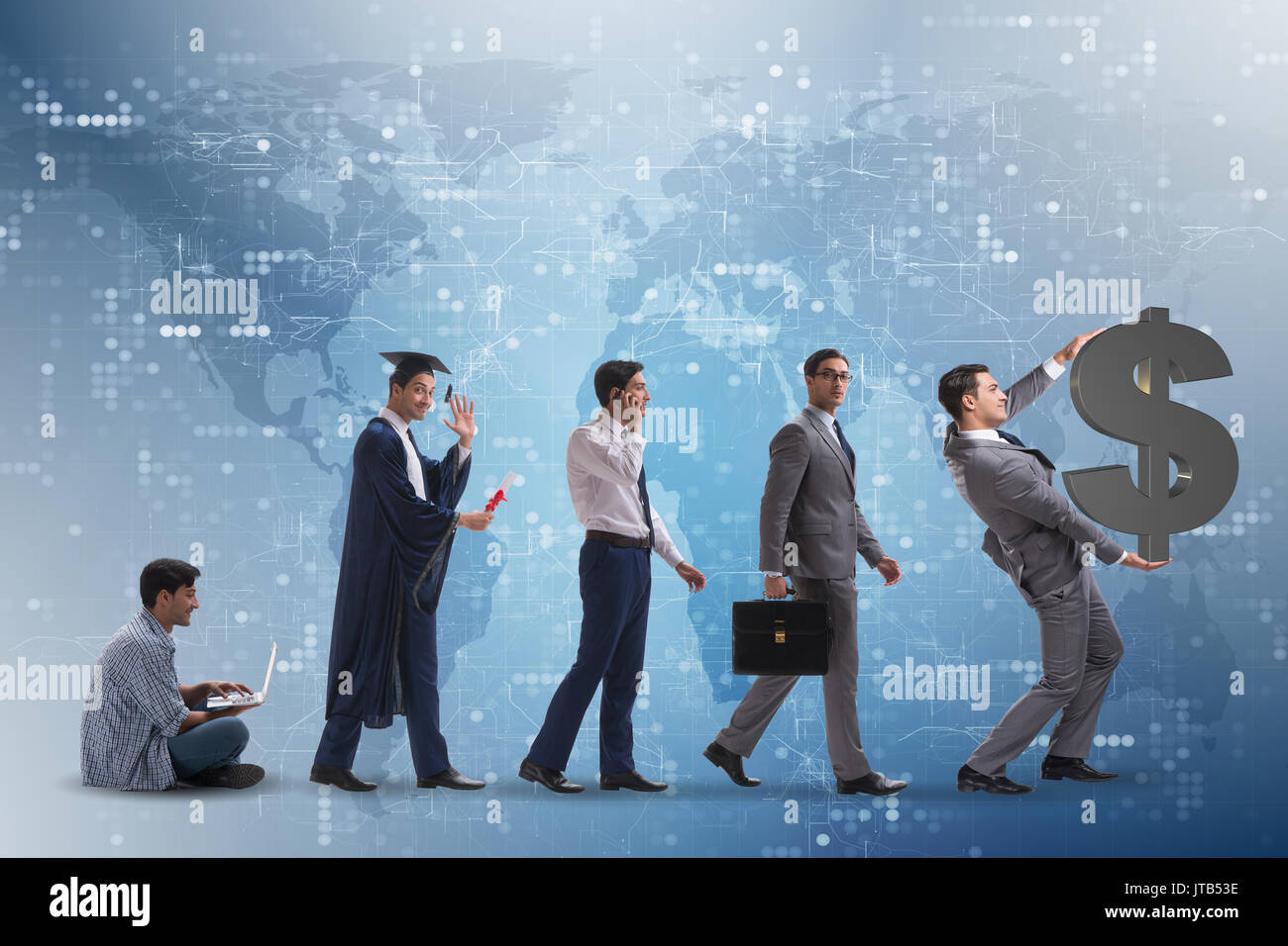 Business concept with man progressing through stages Stock Photo - Alamy