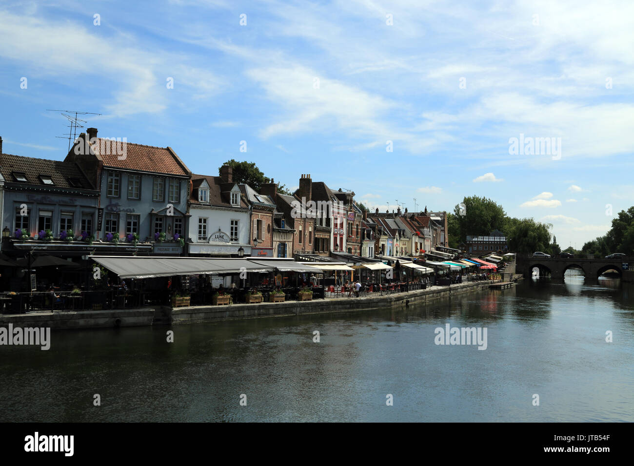 View of Somme River and riverside restaurants on Quai Belu, Amiens ...