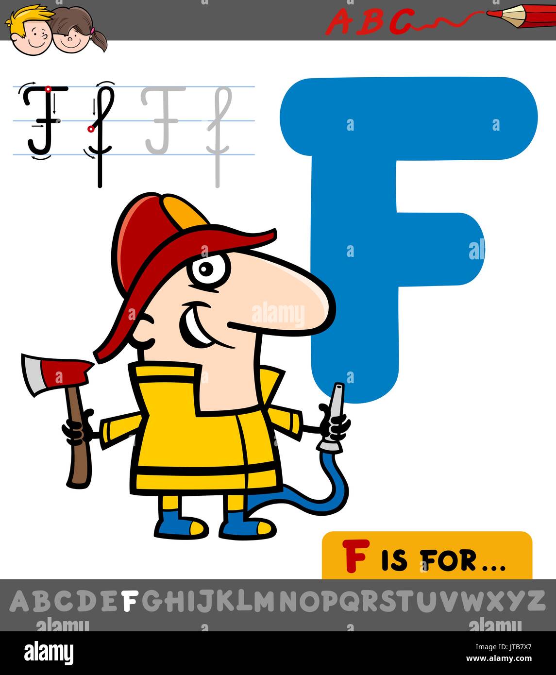 Educational Cartoon Illustration of Letter F from Alphabet with Fireman ...