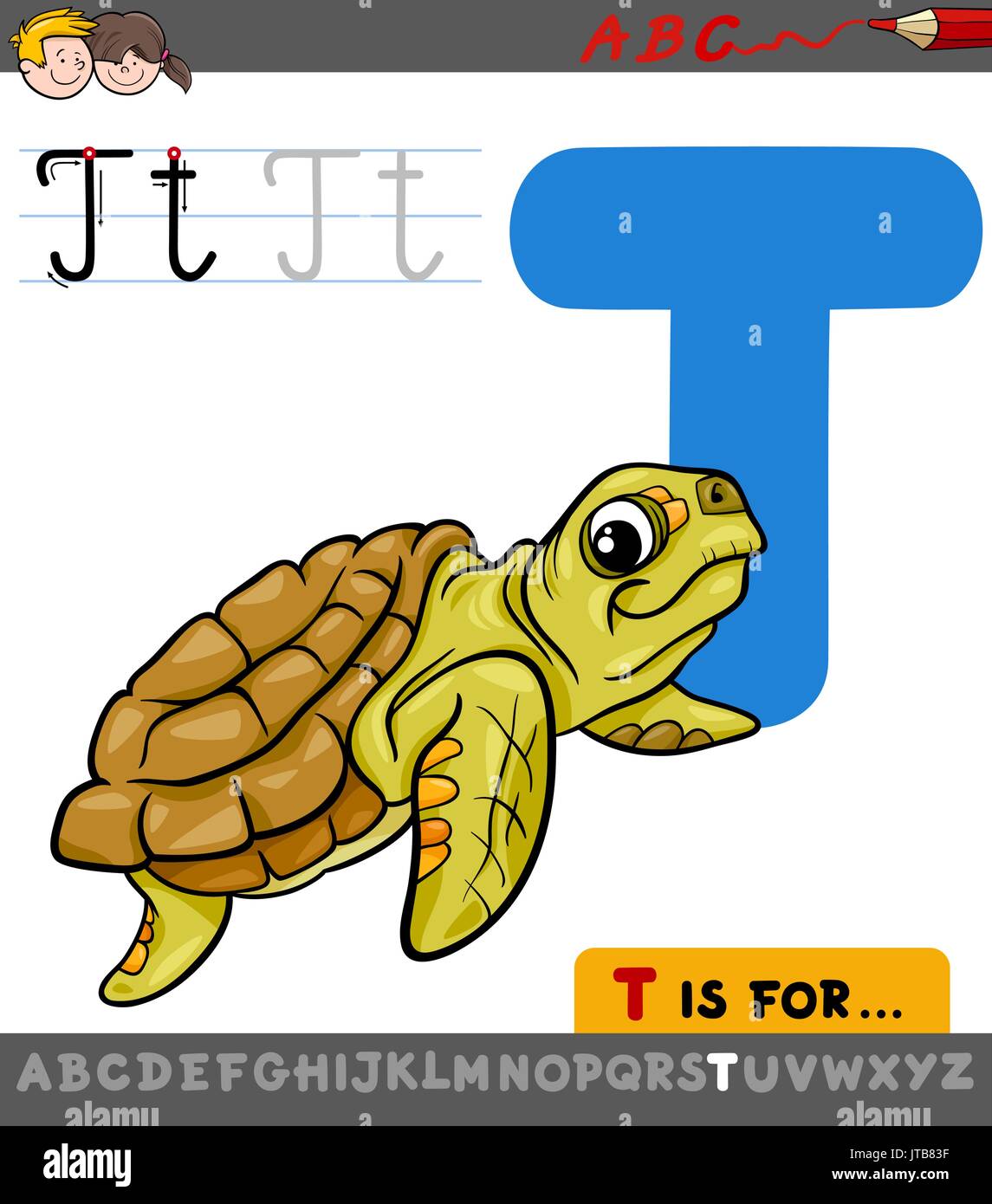 Educational Cartoon Illustration of Letter T from Alphabet with Turtle ...