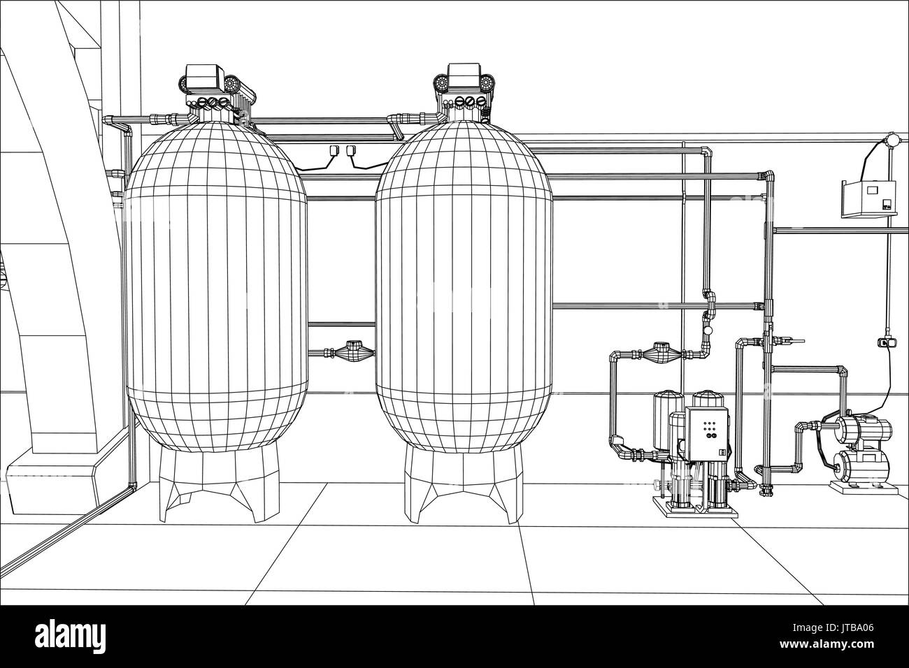 Water purification station. Industrial equipment. Tracing illustration ...