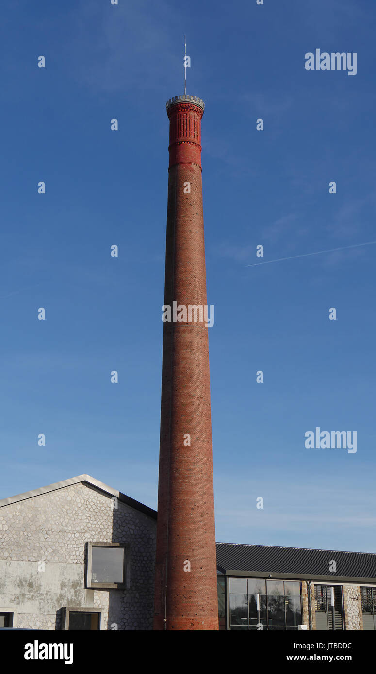 the old red brick factory chimney in blue sky Stock Photo - Alamy