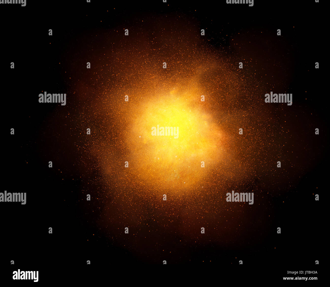 Huge, extremely hot explosion with sparks and hot smoke, against black ...