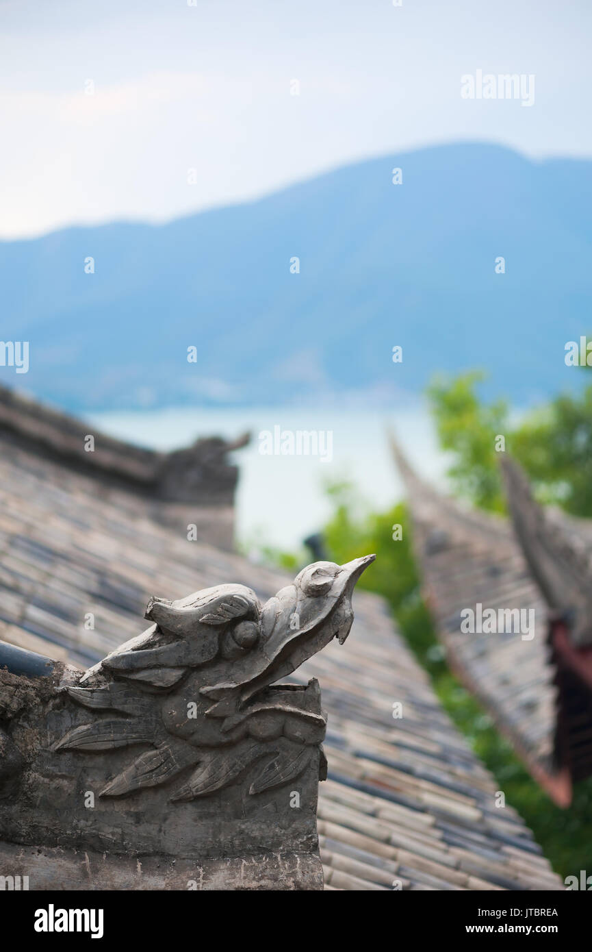 Dragon head sculpture on a chinese roof with mountains in the ba Stock ...