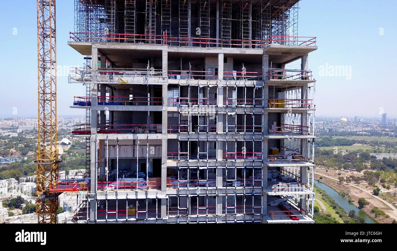 Aerial View Of Construction Site And Skyscrapers In Background High ...