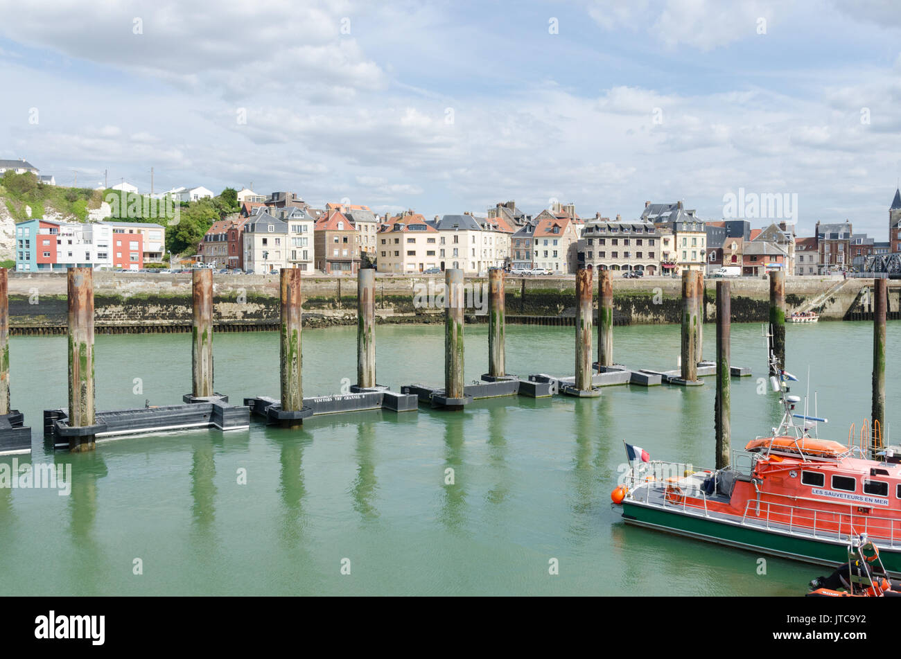 Mooring posts in the harbour at the French port town of Dieppe in ...
