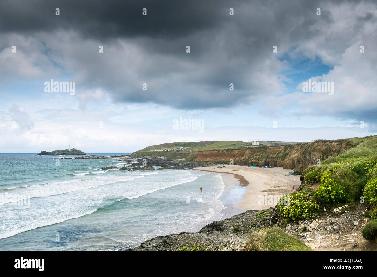 Godrevy Beach and Godrevy Lighthouse in Cornwall Stock Photo - Alamy