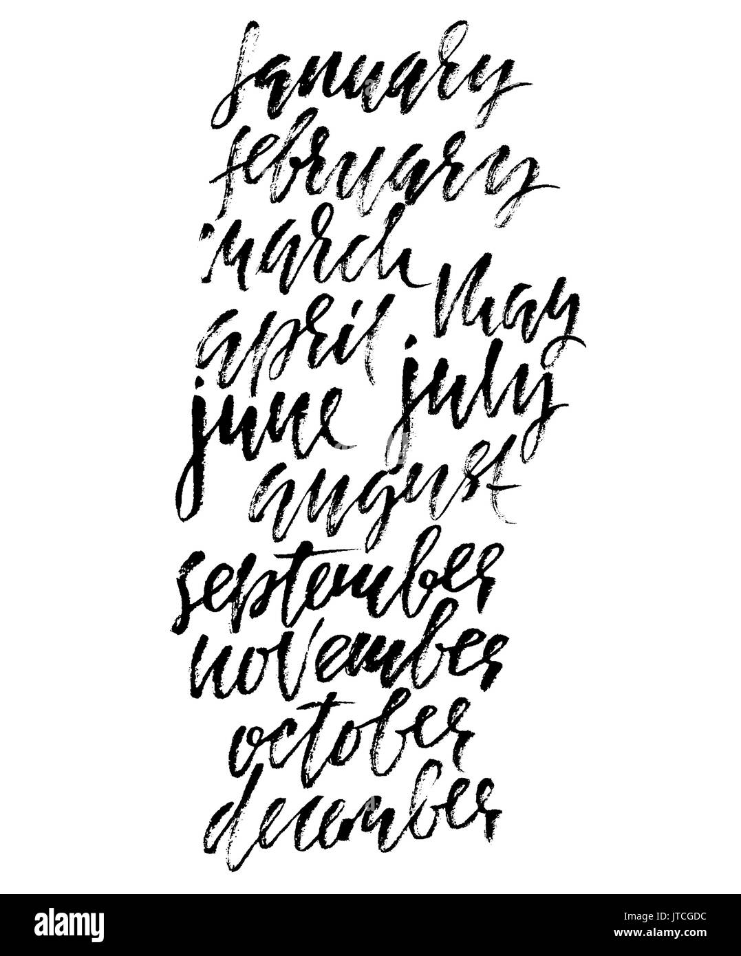 Hand drawn set of months. Modern dry brush lettering. Names of the ...