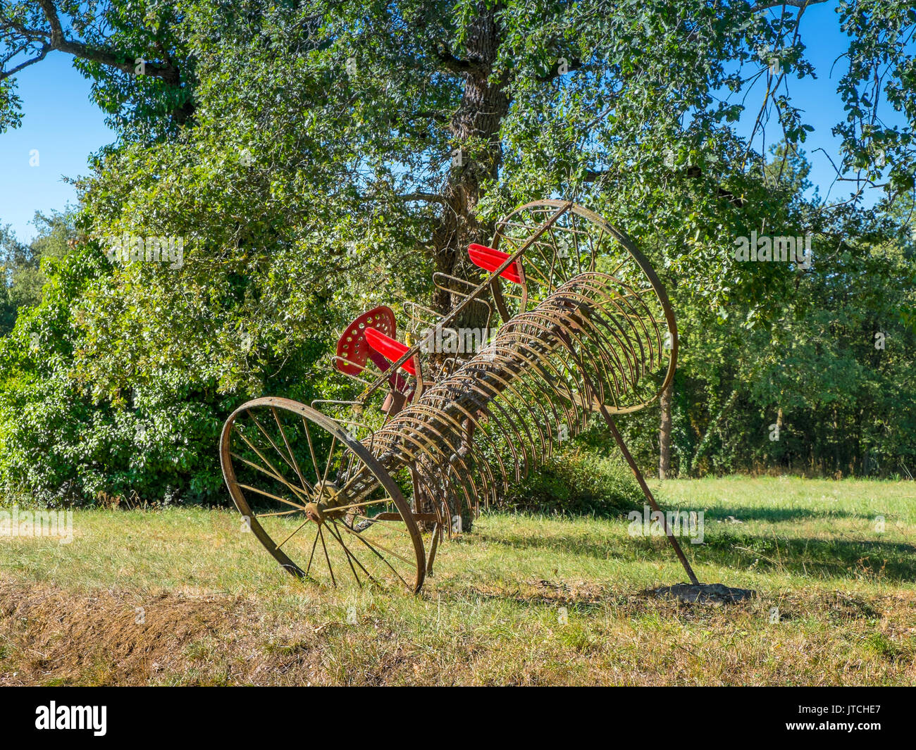 Old farming implements used as garden decoration, France Stock Photo ...