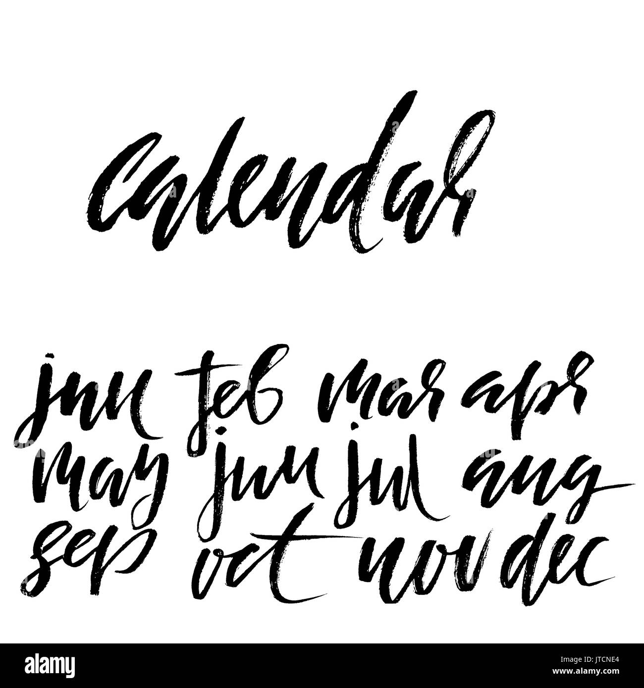 Hand drawn set of months. Modern dry brush lettering. Names of the ...