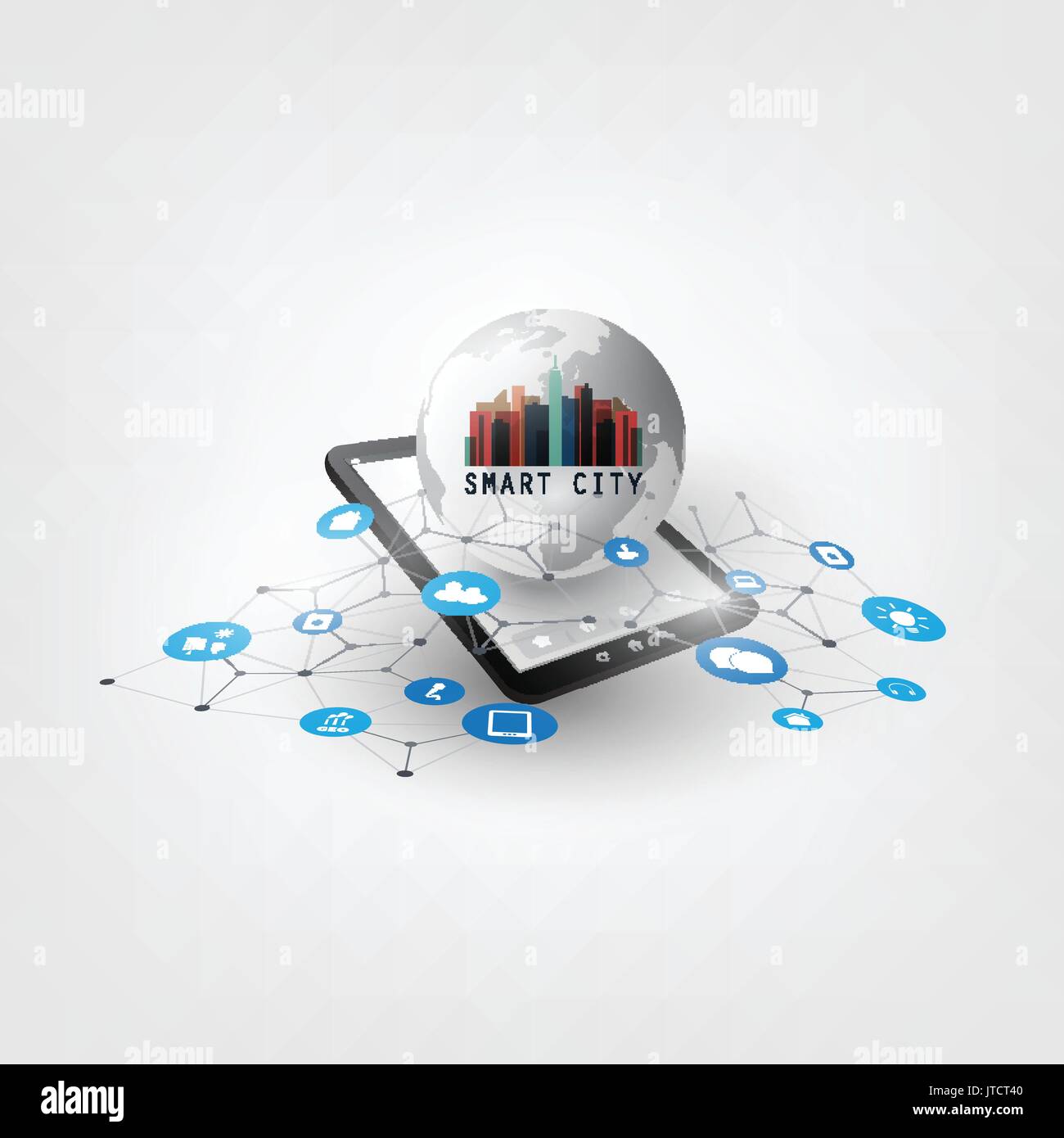 Colorful Smart City Design Concept with Icons - Digital Network ...