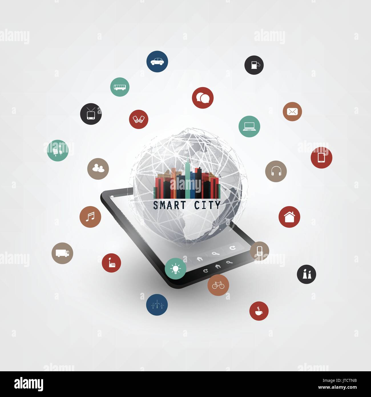 Colorful Smart City Design Concept with Icons - Digital Network ...