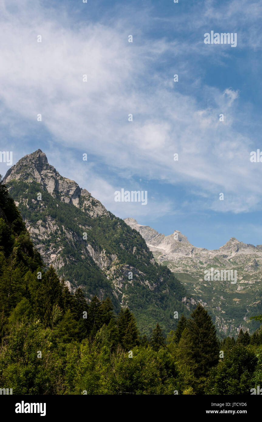 View of the Mello Valley, Val di Mello, a green valley surrounded by ...