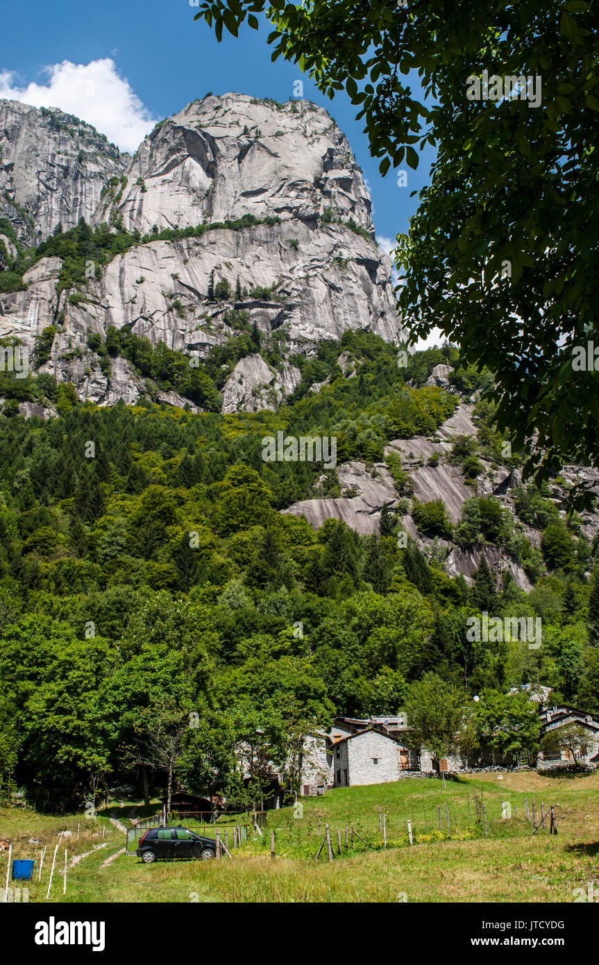 View of the Mello Valley, Val di Mello, a green valley surrounded by ...