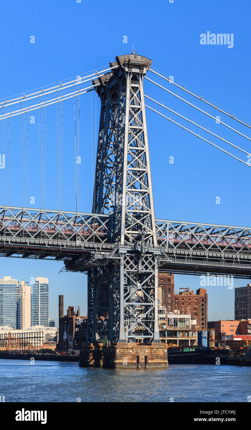 A view of Williamsburg Bridge in New York City. The bridge spans the East River connecting the ...
