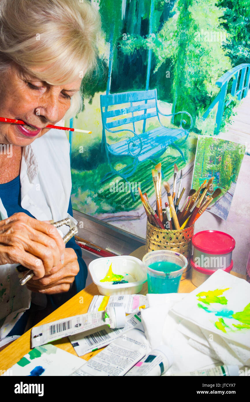 Blond, pony-tailed senior professional artist works on a canvas based ...