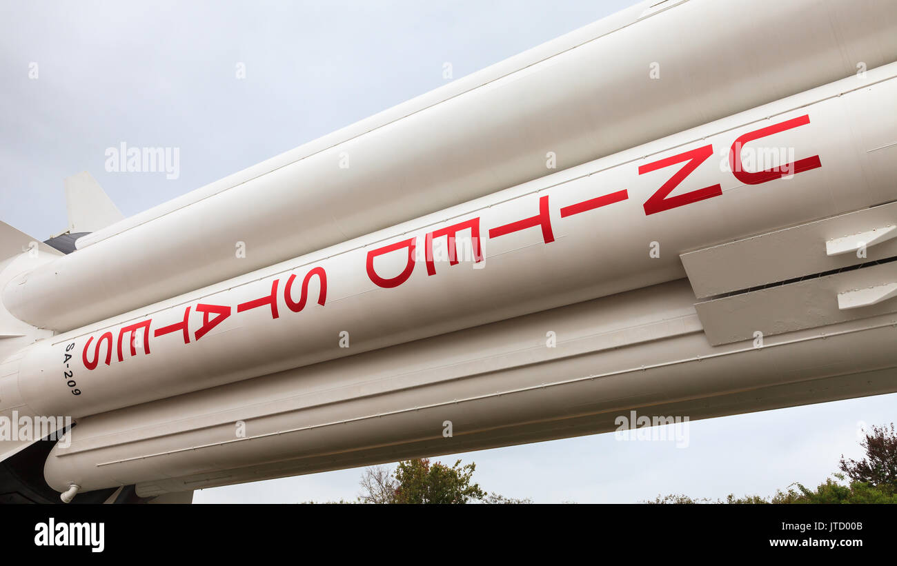 A United States banner adorns a NASA space rocket at Kennedy Space ...