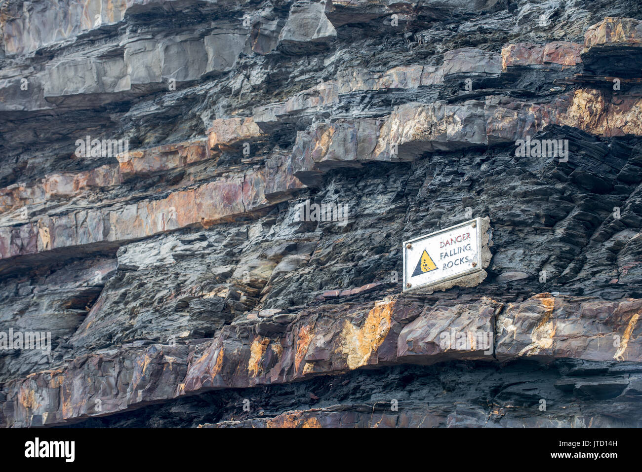 Warning sign advising of falling rocks. Cornwall, England, United ...