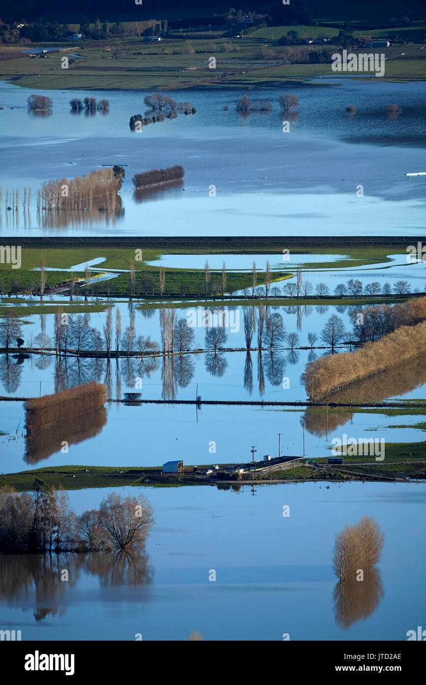 Flooded farmland on Taieri Plains, near Mosgiel, Dunedin, South Island ...
