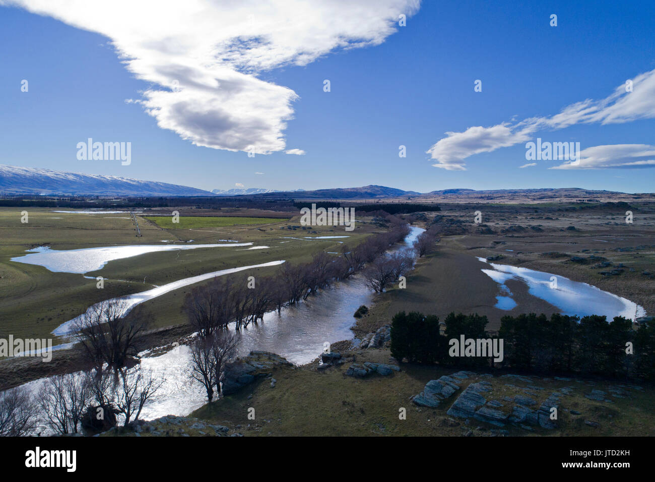 Flooded Taieri River at Sutton, near Middlemarch, Strath Taieri, Otago ...