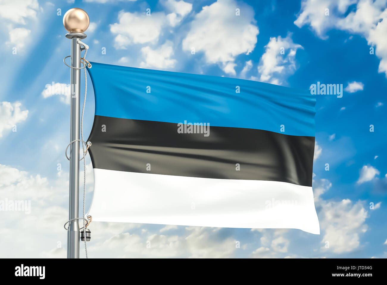 Estonian flag waving in blue cloudy sky, 3D rendering Stock Photo - Alamy