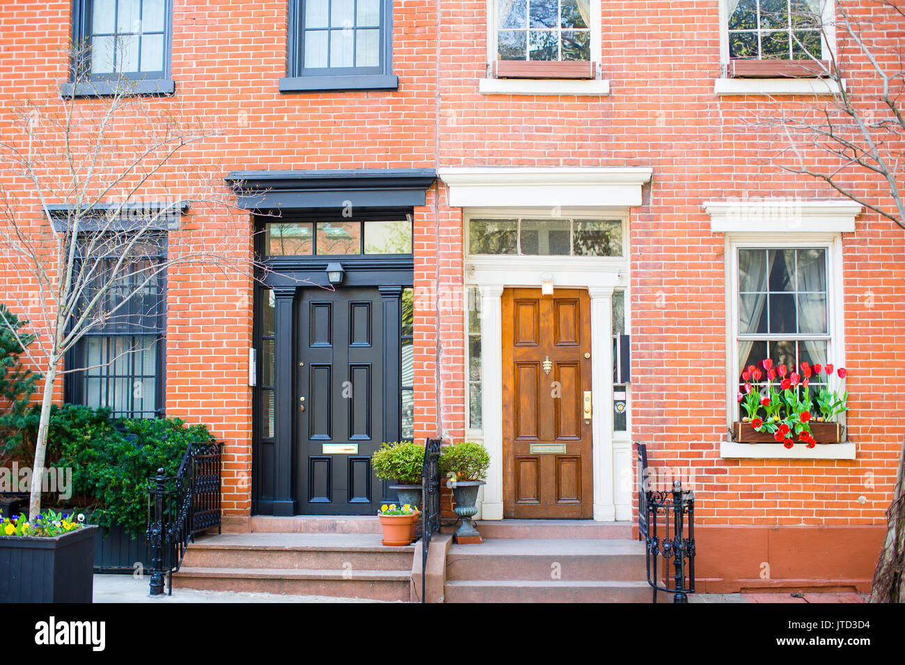 West Village at New York Manhattan. Old red houses in New York city ...