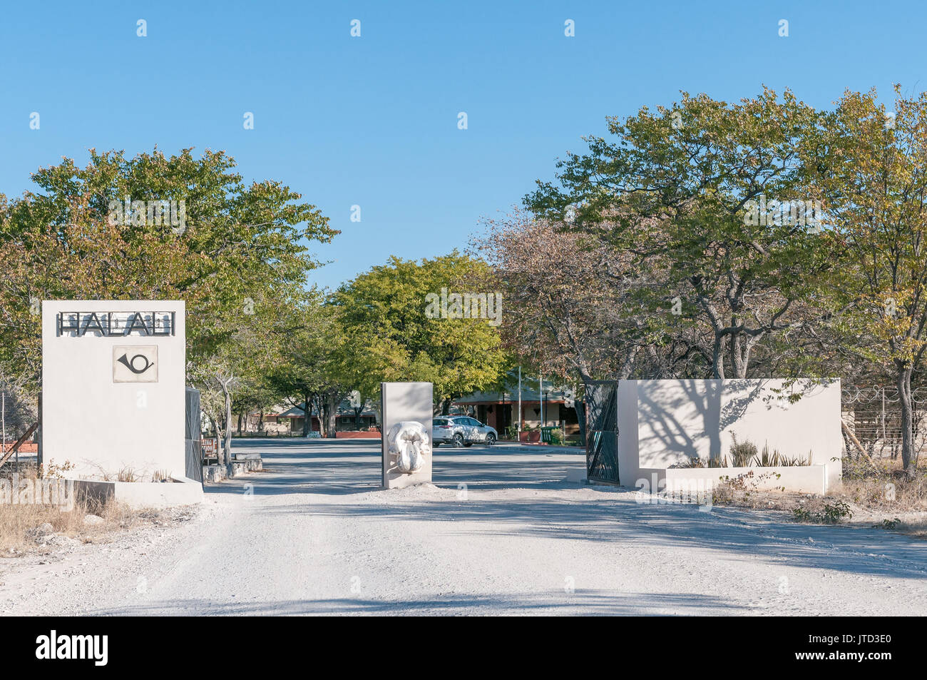 ETOSHA NATIONAL PARK, NAMIBIA - JUNE 21, 2017: The entrance to Halali ...