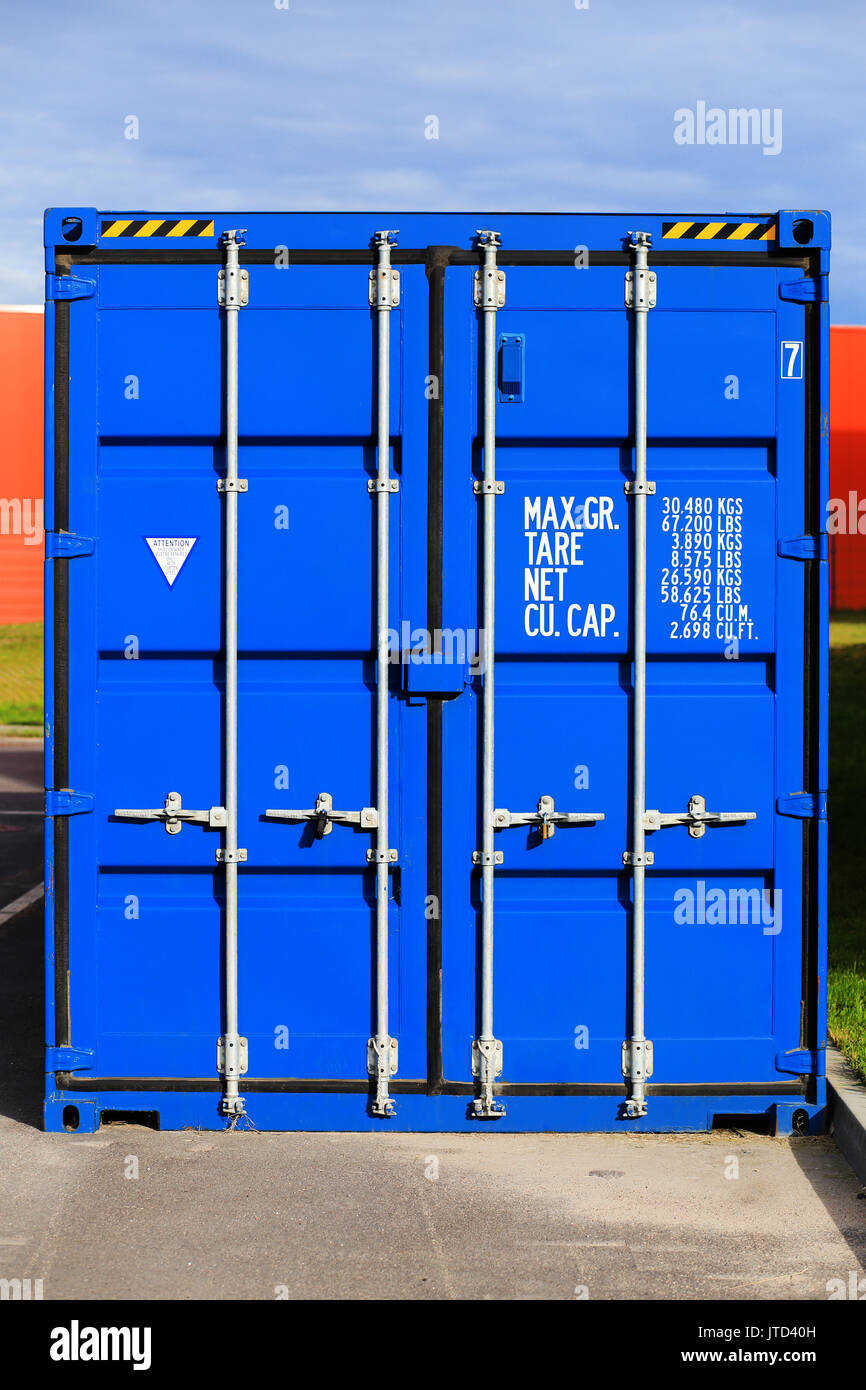 Blue cargo container on ground. Front side of cargo container Stock ...