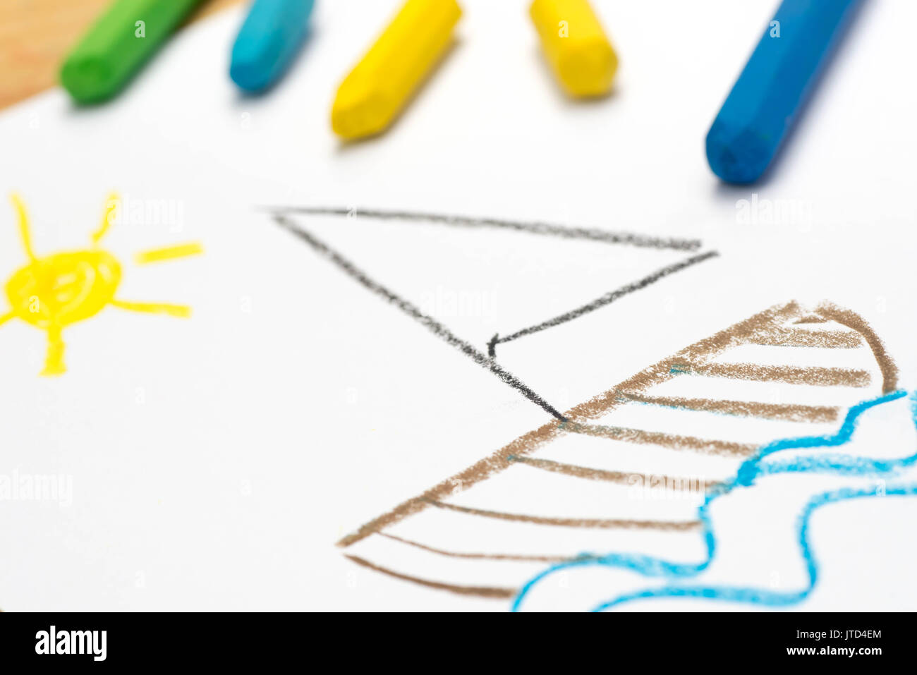 child crayon drawing, sail boat, selective focus Stock Photo - Alamy