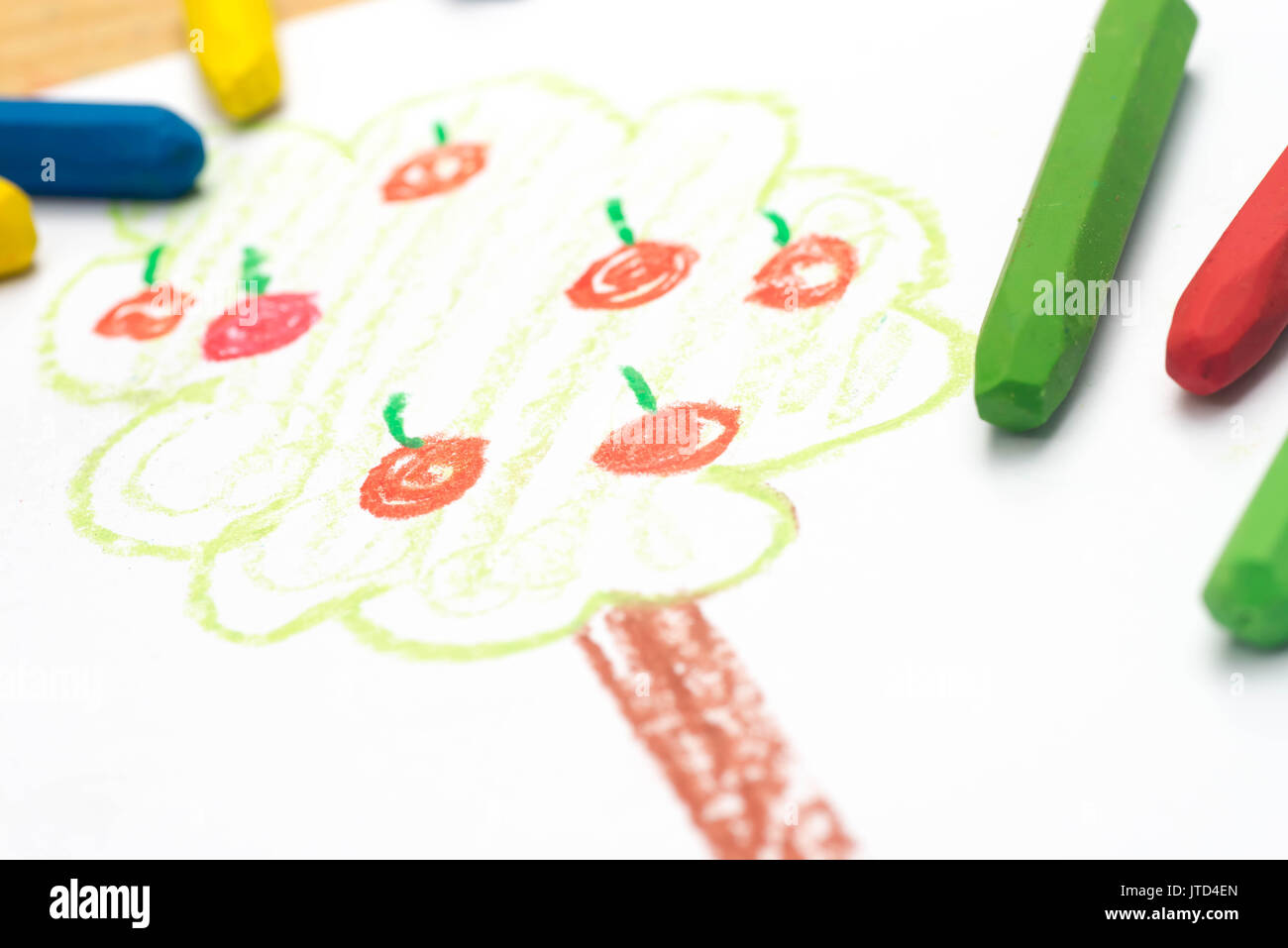 child crayon drawing, apple tree , selective focus Stock Photo - Alamy