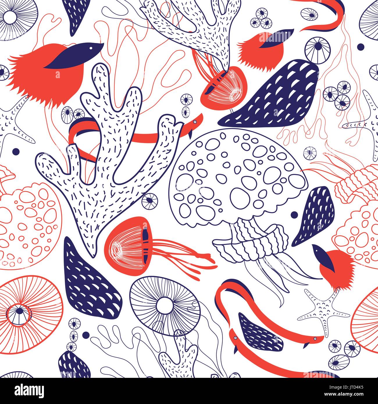 Seamless beautiful sea pattern from coral and jellyfish on a white ...