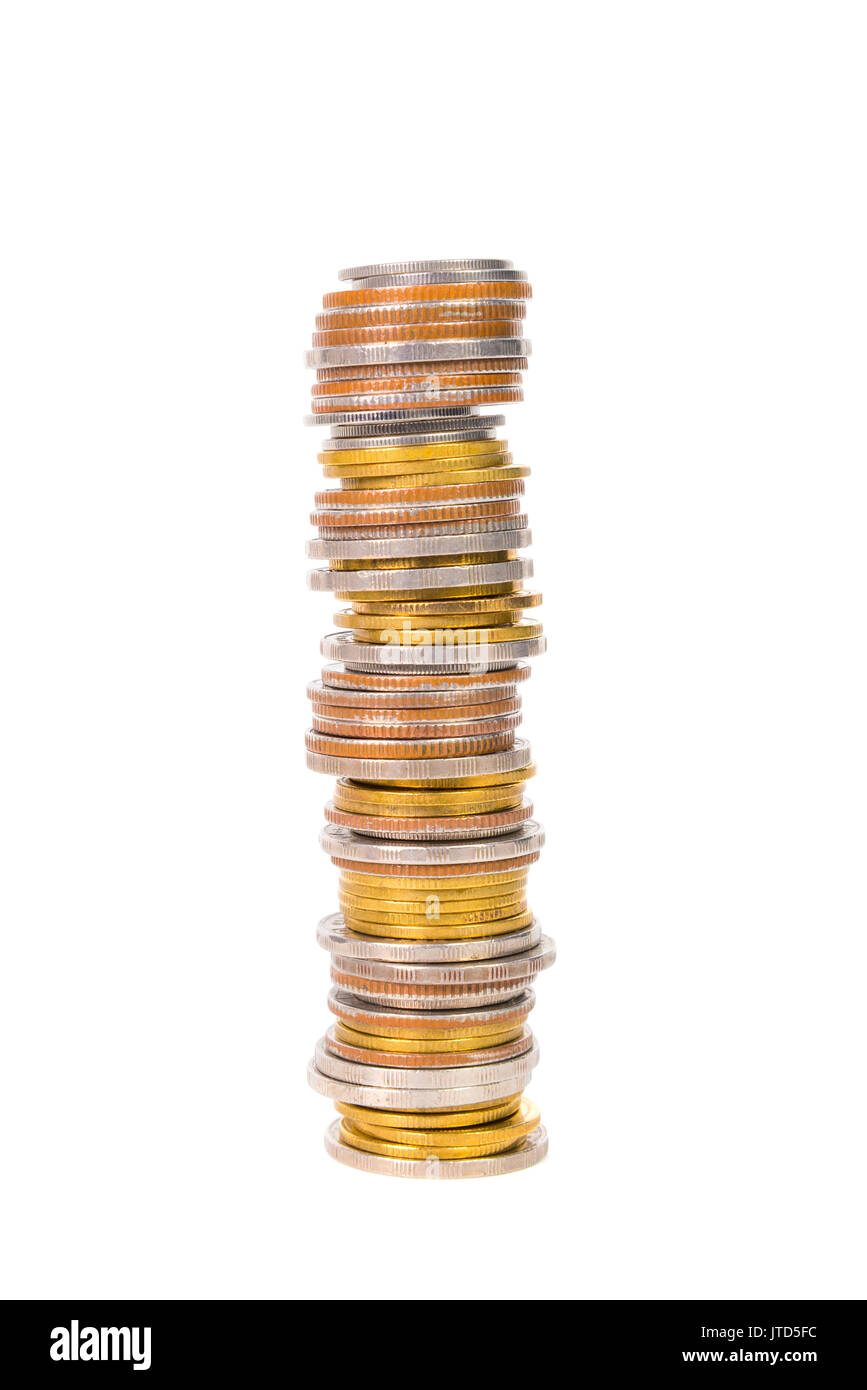 Columns of coins, piles of coins arranged on white background, business ...