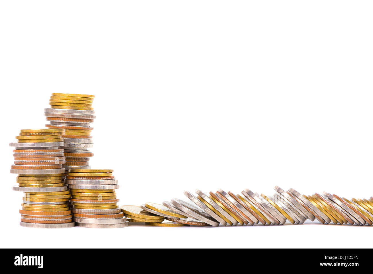 Columns of coins, piles of coins arranged on white background, business ...