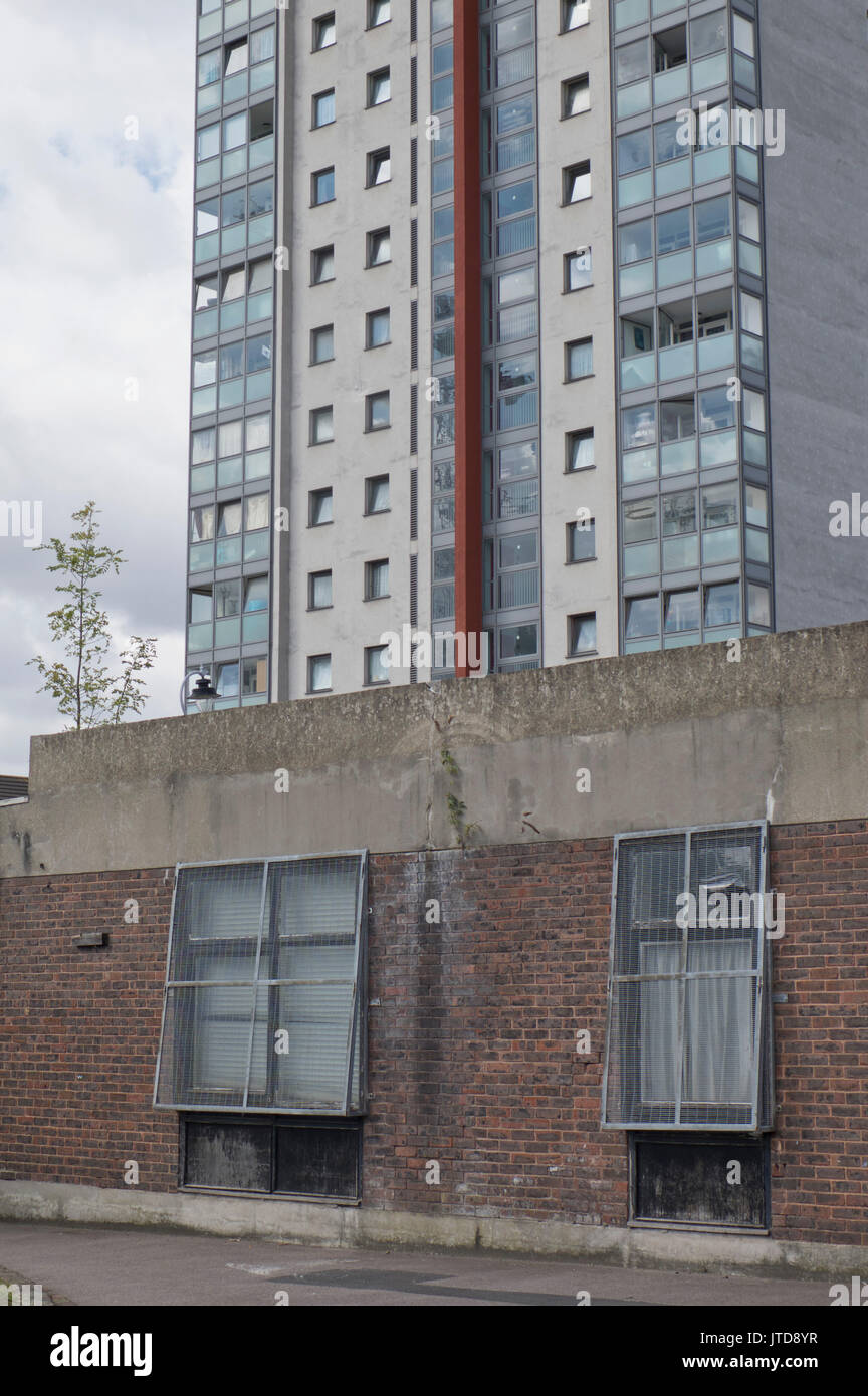 Run-down social housing tower block and housing estate in Hackney ...