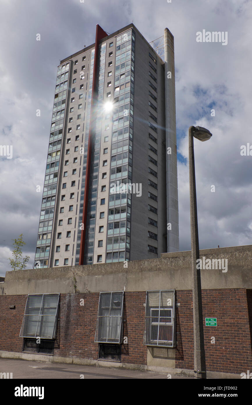 Run-down social housing tower block and housing estate in Hackney ...