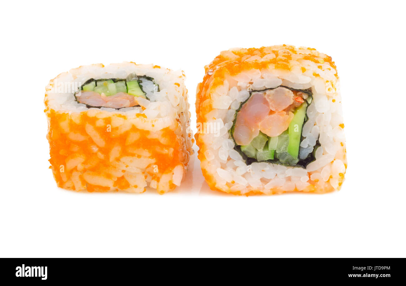 Asian Japanese food. Sushi roll with shrimp, avocado, cucumber, caviar ...