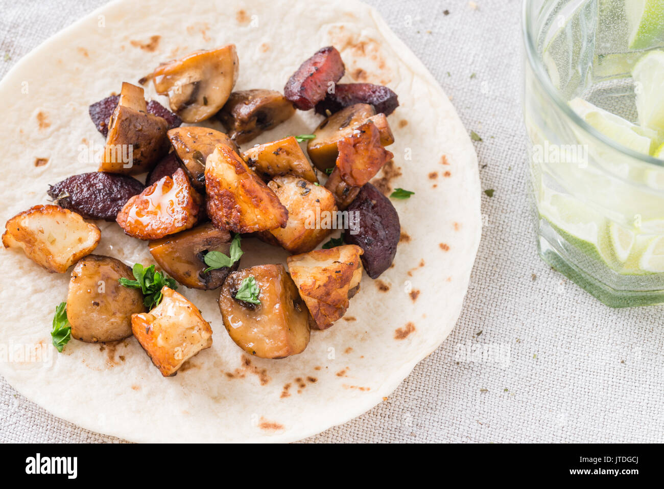 Warm taco with grilled mushrooms, Spanish spicy sausage chorizo ...