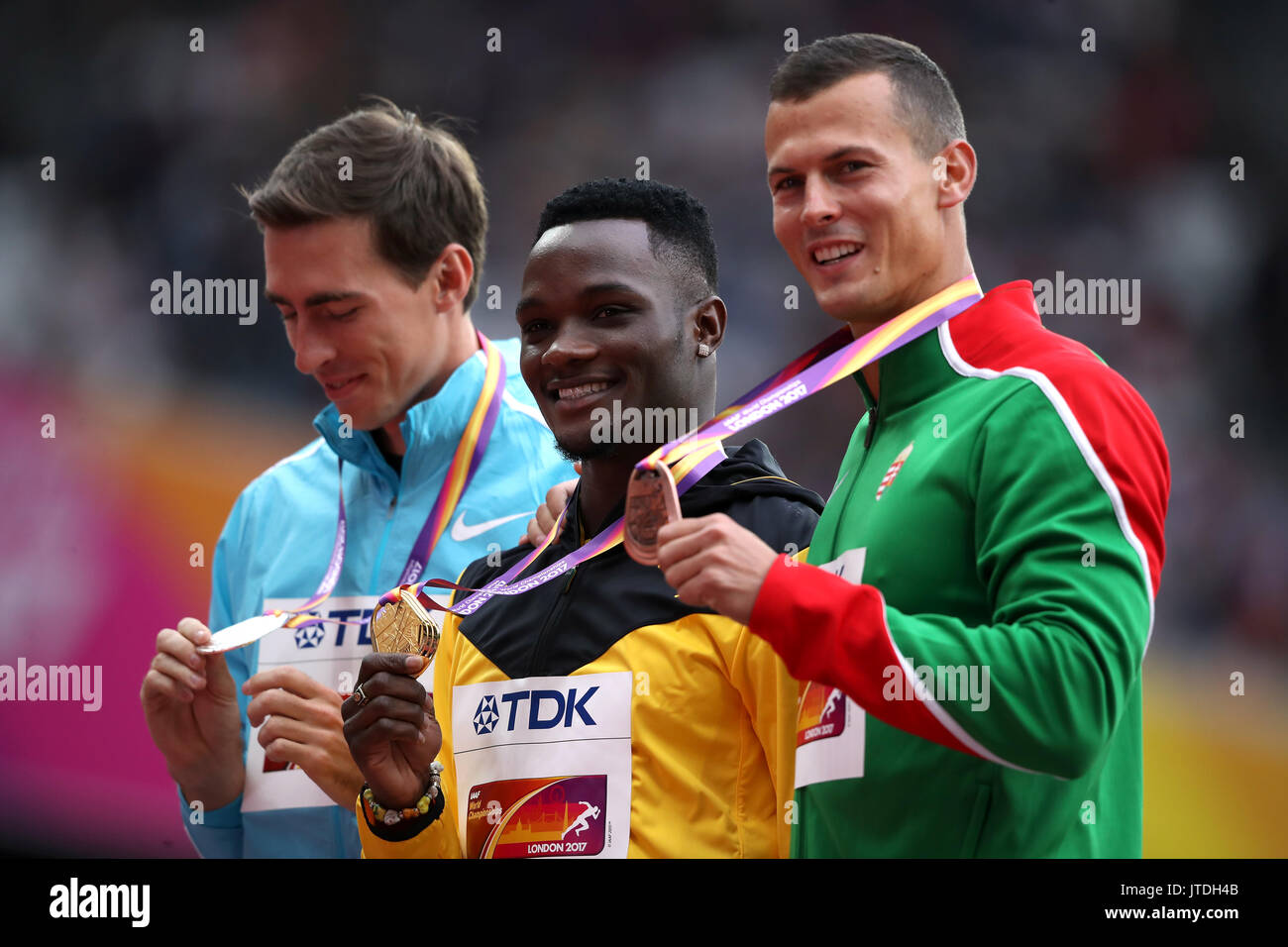 Medal ceremony for the Men's 110m Hurdles with Jamaica's Omar Mcleod ...
